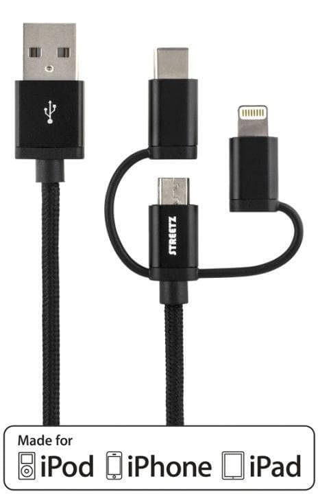 DELTACO 3-in-1 USB Sync/Charging, universal,USB-2.0,2.4A/12W,MFi,black ...