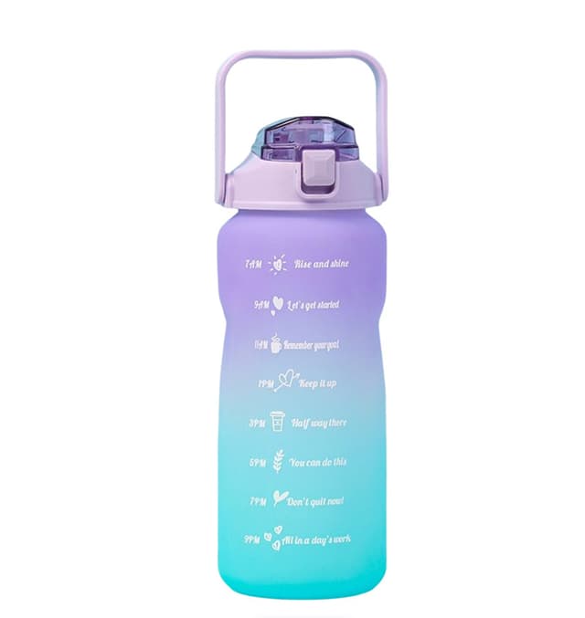 Motiverende vandflaske med tidsmarkør & sugerør 2 liter lilla/blå ...
