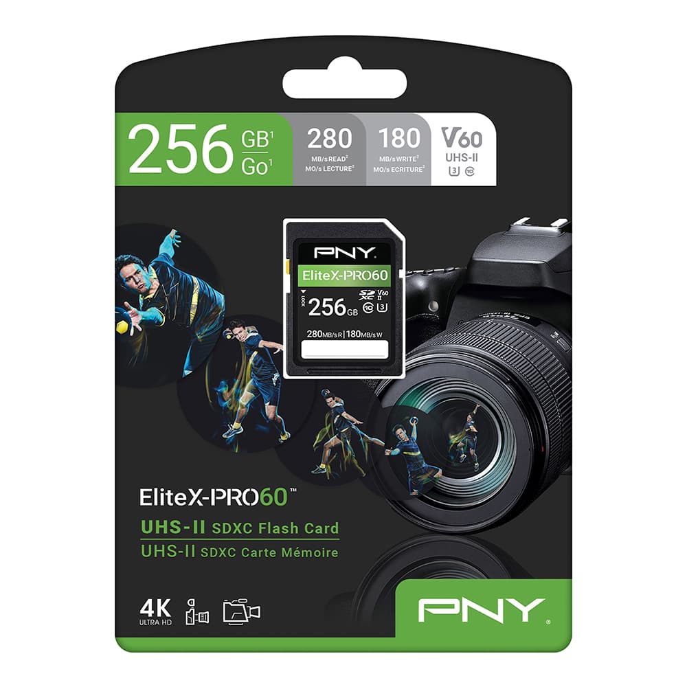 PNY 256GB EliteX-PRO60 Class 10 U3 V60 UHS-II SD Flash Memory Cards ...