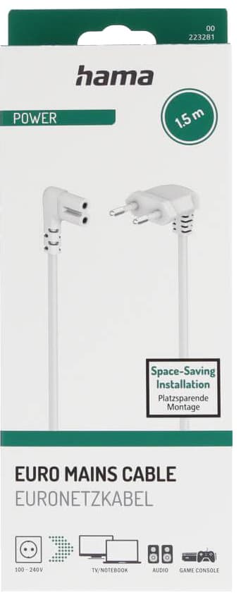 Hama Angled Euro Plug kabel 1,5 m (hvit) - Elkjøp | Elkjøp