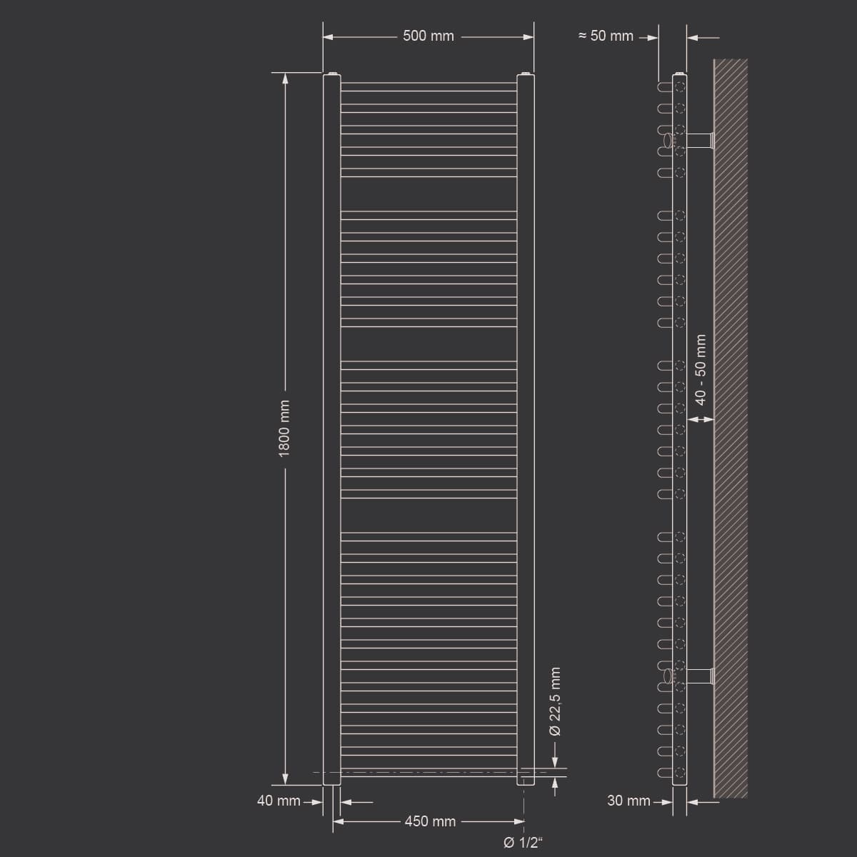 Elradiator 1200W 500x1800 mm vit, sidoanslutning - Elgiganten