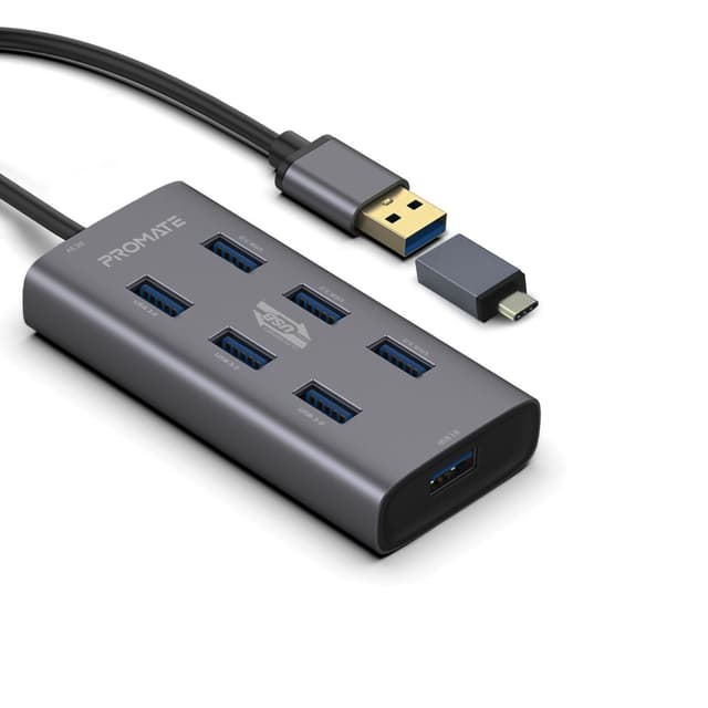 Promate EZHUB-7 Aluminium 7ports USB 3,0 hubb med USB C adapter 5Gbps synkning och laddning 15cm ...