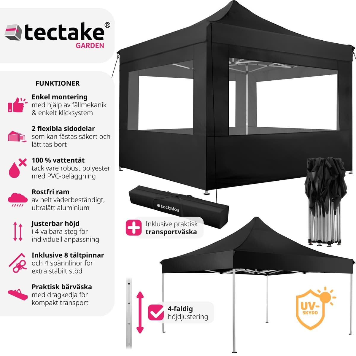 Partytelt, hagepaviljong Olivia 3x3 m med 4 vegger - svart - Elkjøp ...