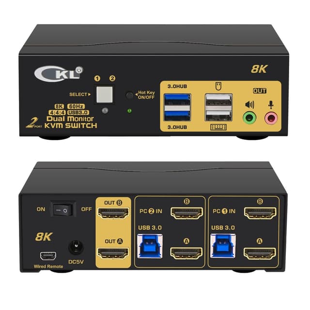 KVM 2x2 HDMI Switch Dual Monitor HDMI2.1 8K60Hz 4K144Hz 4:4:4, 2x3.5mm ...
