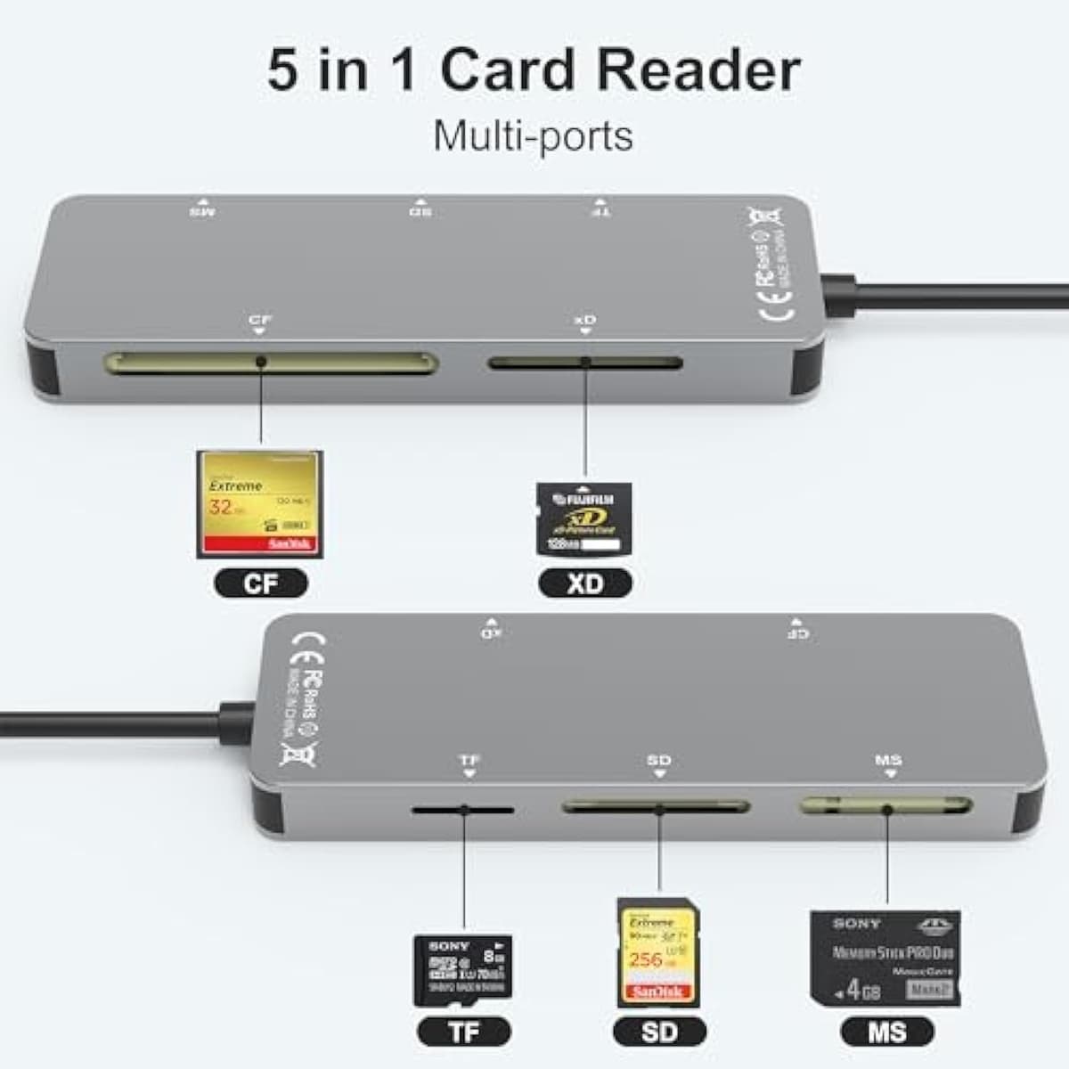 NÖRDIC USB-A, USB-C, Lightning-kortleser 5 spor CF, SD, MicroSD, MS, XD ...