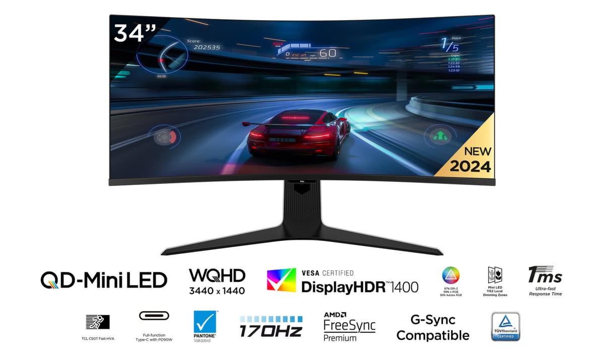 TCL 34R83Q 34'' WQHD/MQLED/170Hz/1ms/CV monitor - Elkjøp