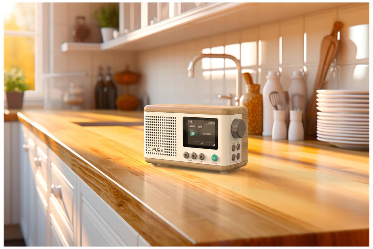Pure Classic Mini bærbar digitalradio (bomullshvit, eik) - Elkjøp