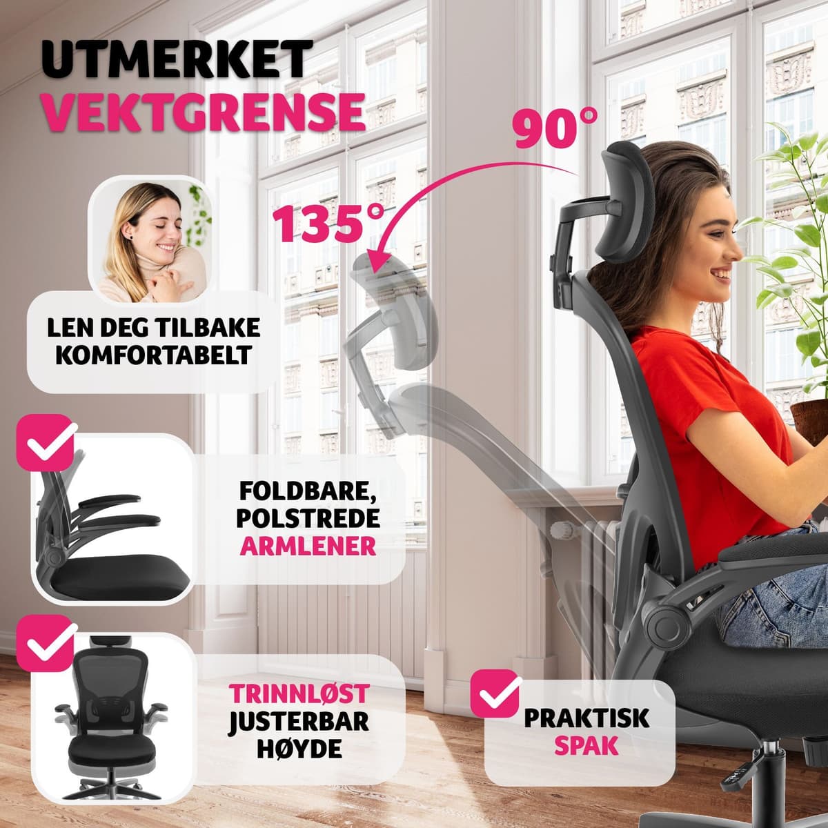 Kontorstol Arges - ergonomisk med justerbar hodestøtte - Elkjøp | Elkjøp
