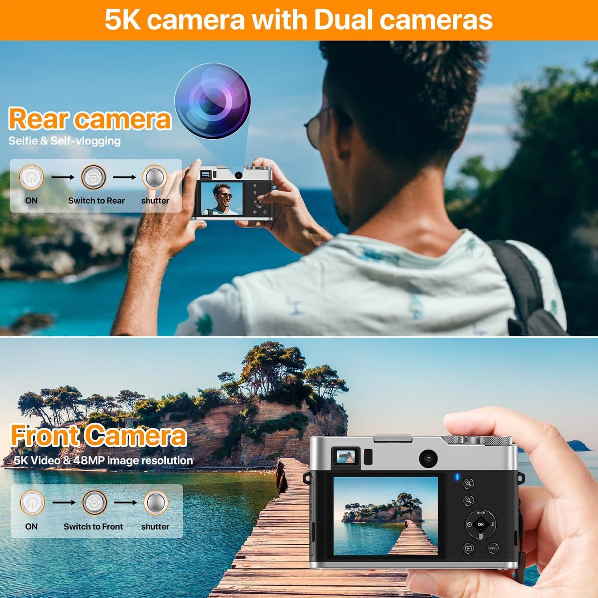 5K digitalkamera med kamera foran og bak, søker, autofokus, anti ...
