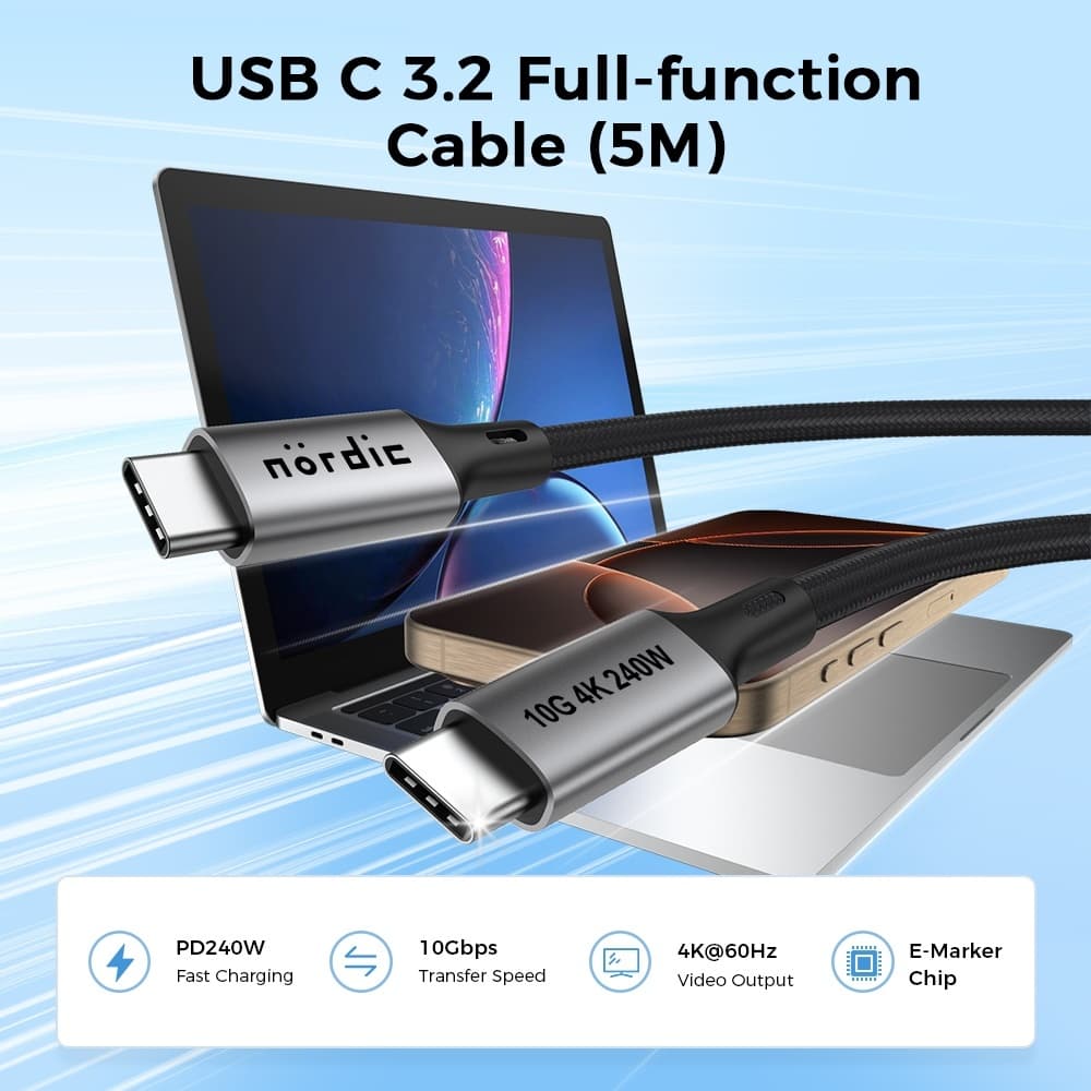 NÖRDIC 5m USB 3.2 Gen 2 USB-C til C nylonflettet kabel PD3.1 240W 20G ...