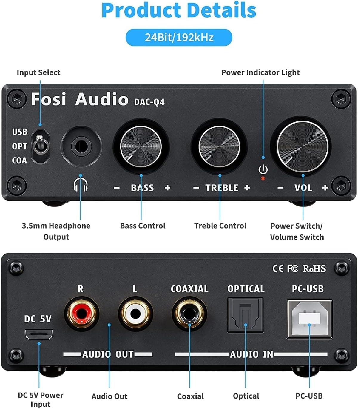 Fosi Audio Mini DAC og hodetelefonforsterker, 24-bit/192kHz USB/optisk ...