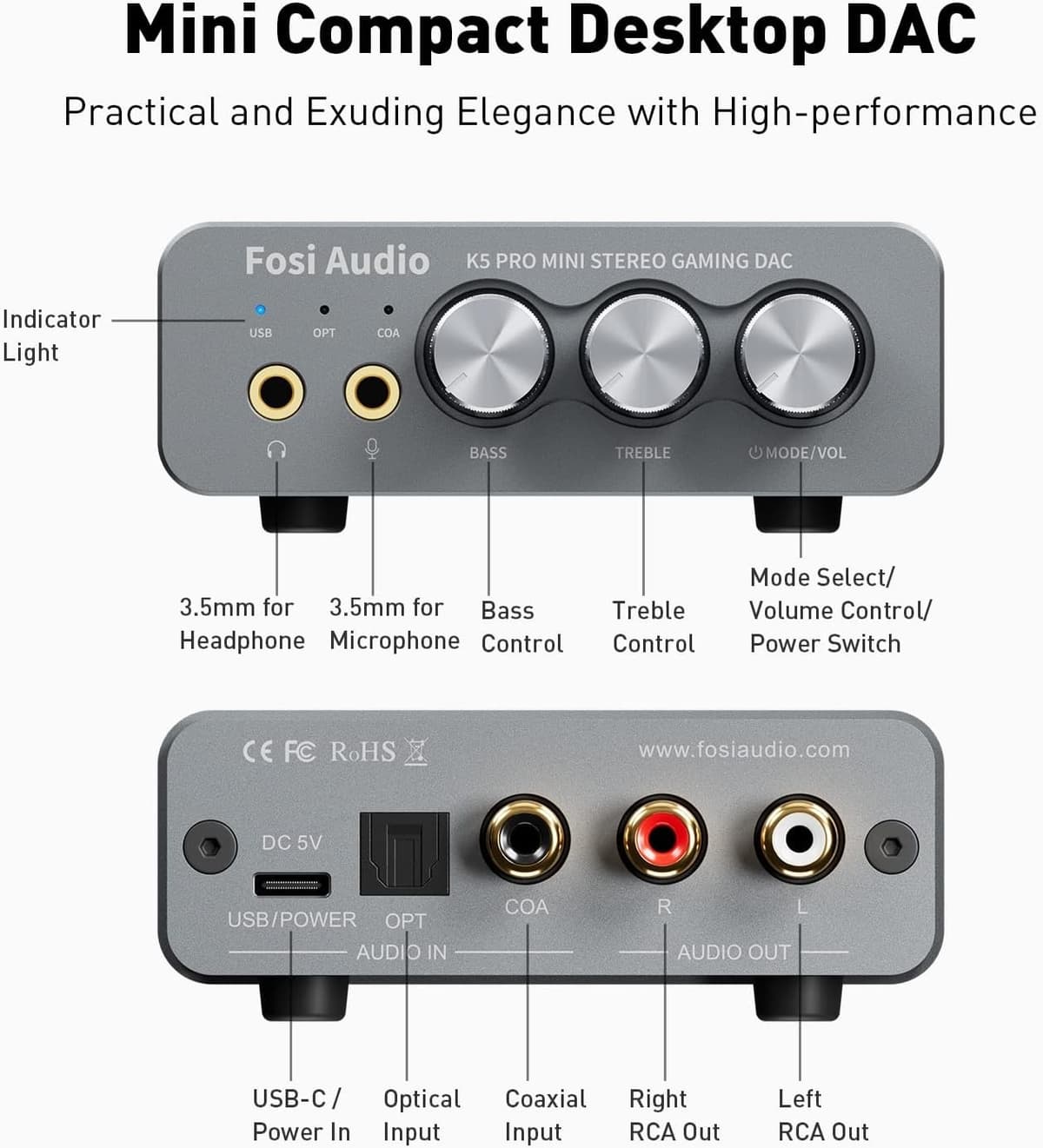 Fosi Audio K5PRO Gaming mini DAC förstärkare för PS5/PC/MAC, USB-C ...