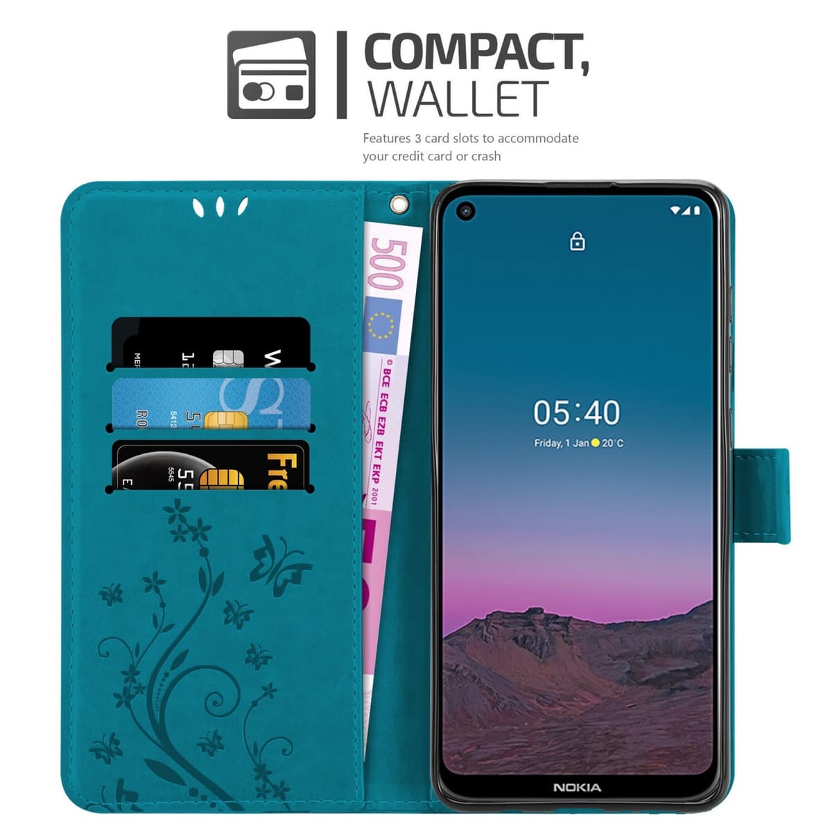 Nokia 5.4 lommebokdeksel Blomster (blå) - Elkjøp | Elkjøp