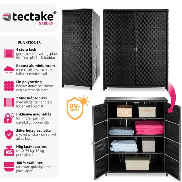 tectake Trädgårdsskåp i rotting Monza, aluminiumram, 4 hyllor 40.5 x 84 ...