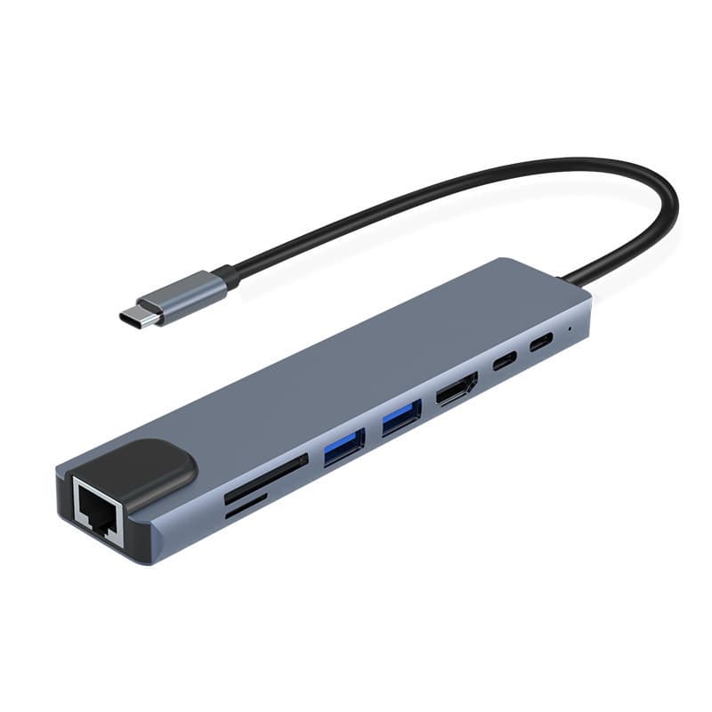 USB-C-hub med 8 uttak for USB, UBC PD, HDMI, RJ45, micro-SD Grå ...
