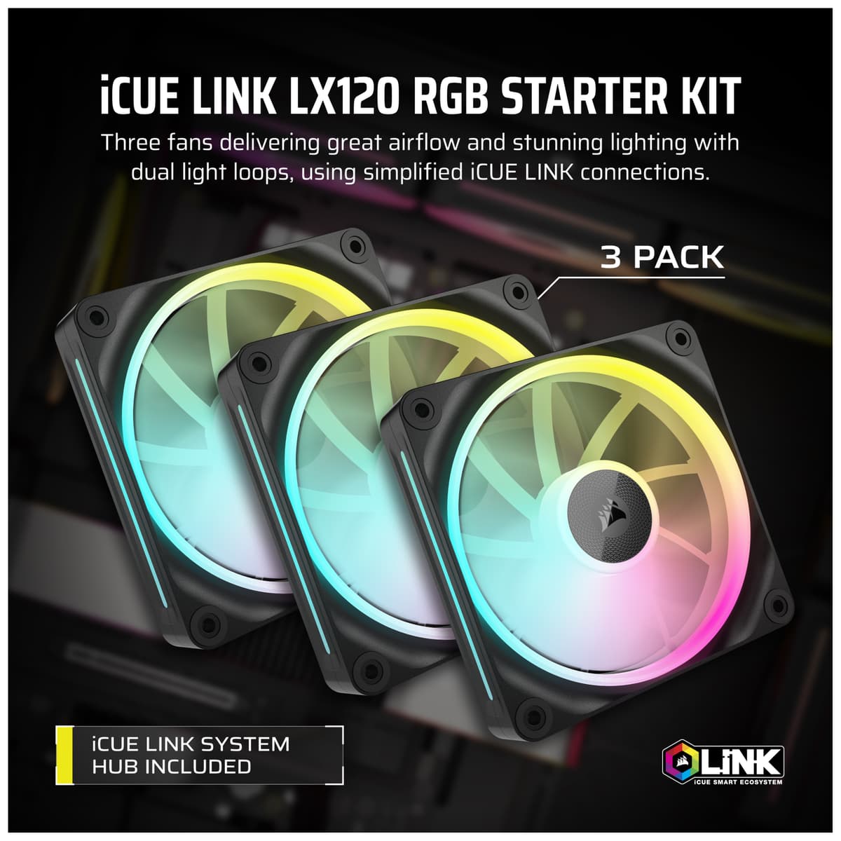 Corsair iCUE LINK LX120 RGB 120mm PWM vifte startsett (3-pakning) - Elkjøp