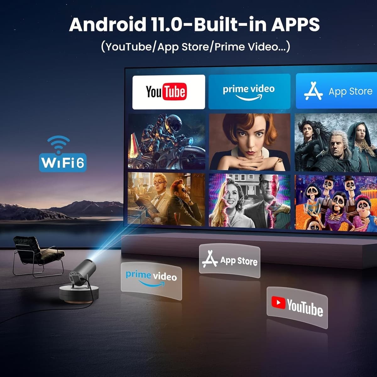 NÖRDIC Mini Portable Projector – 720p HD-tuki, Android 11, WiFi 6, BT 5.0, 180° kierto ...