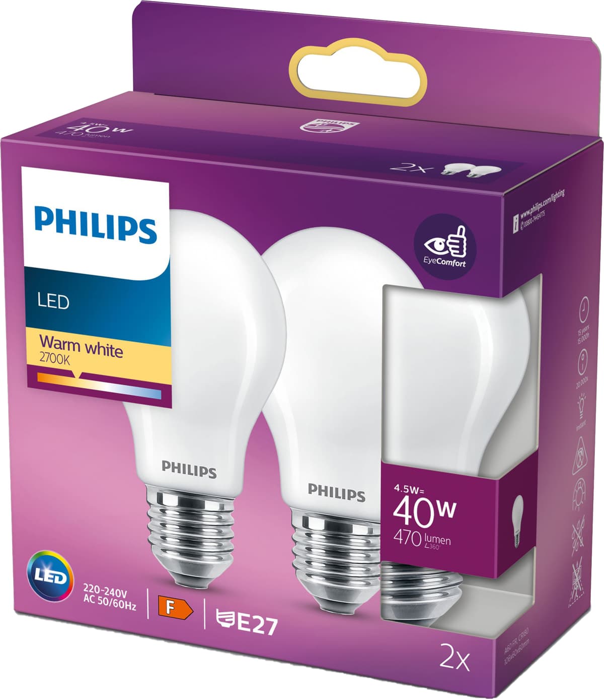 Philips Classic A60 LED-lyspære 5W E27 (2-pk) (varmhvit) - Elkjøp