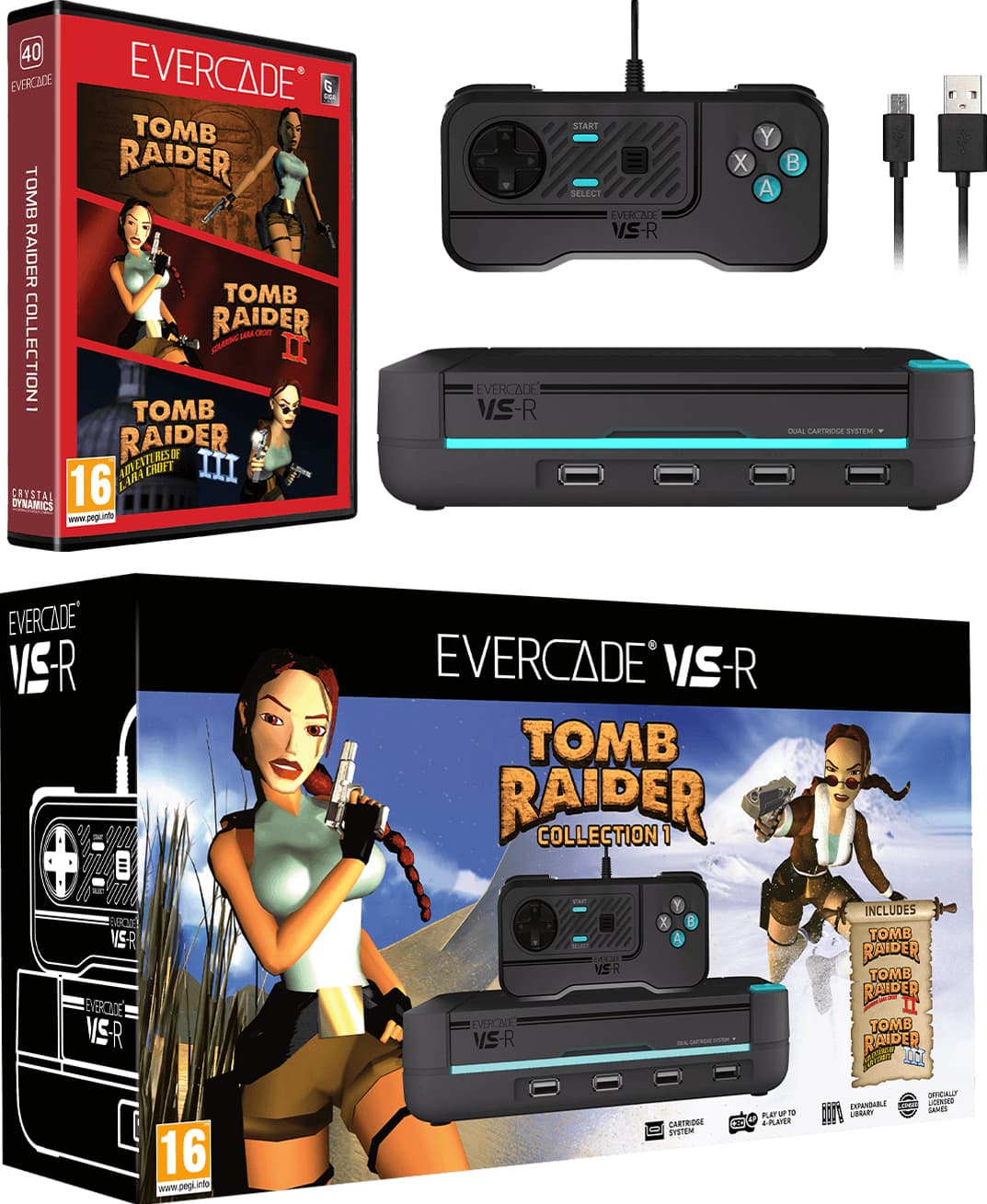 Evercade VS-R spillekonsol og Tomb Raider kassette-bundle | Elgiganten