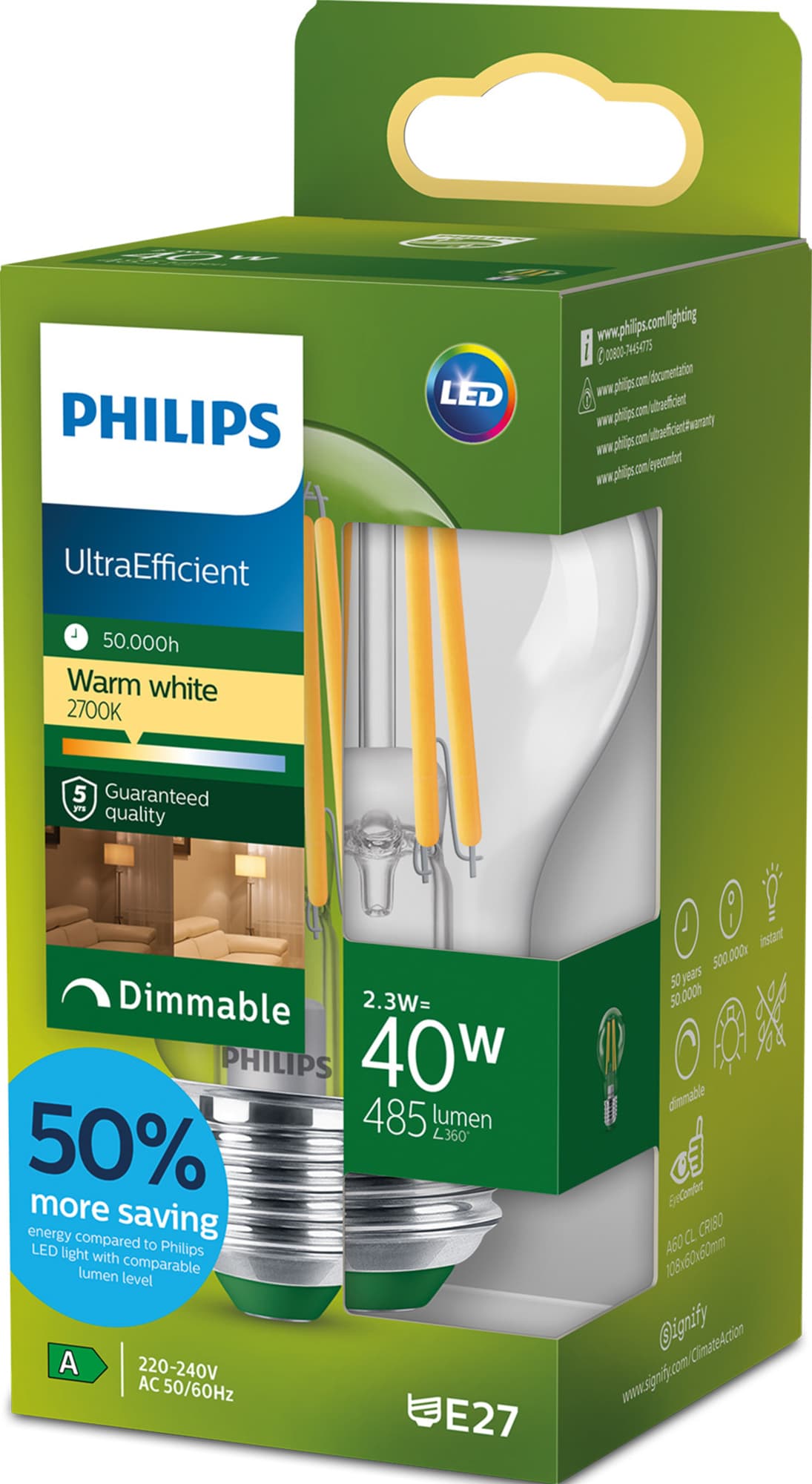 Philips Ultra Efficient A60 LED pære 2,3W E27 - Elkjøp