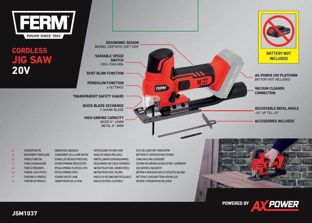 FERM JSM1037 - Akku Stiksav - 20V - AX Power - Barrelgrip - 4 ...