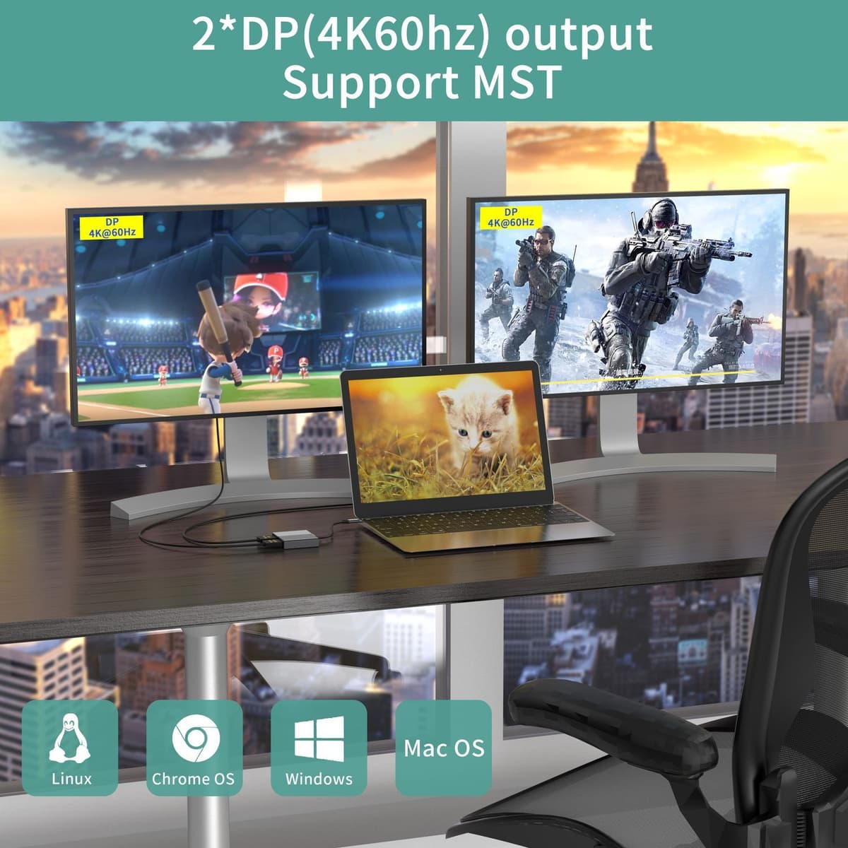 NÖRDIC 1 til 4 USB-C Dokkingstasjon 2xDP4K60Hz Dobbel skjerm 1xUSB-C ...