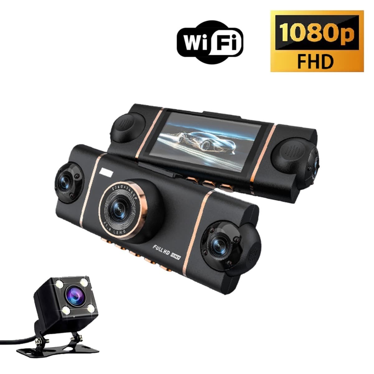 Quad Lens WiFi Dash Cam D65 - 1080P HD Bil DVR med Nattesyn & 32GB TF ...