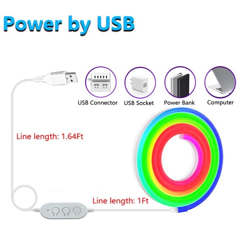 3M USB Neon LED Strip Ljus - 60 LEDs/M, Bluetooth Kontroll, 3-Knapps - Elgiganten