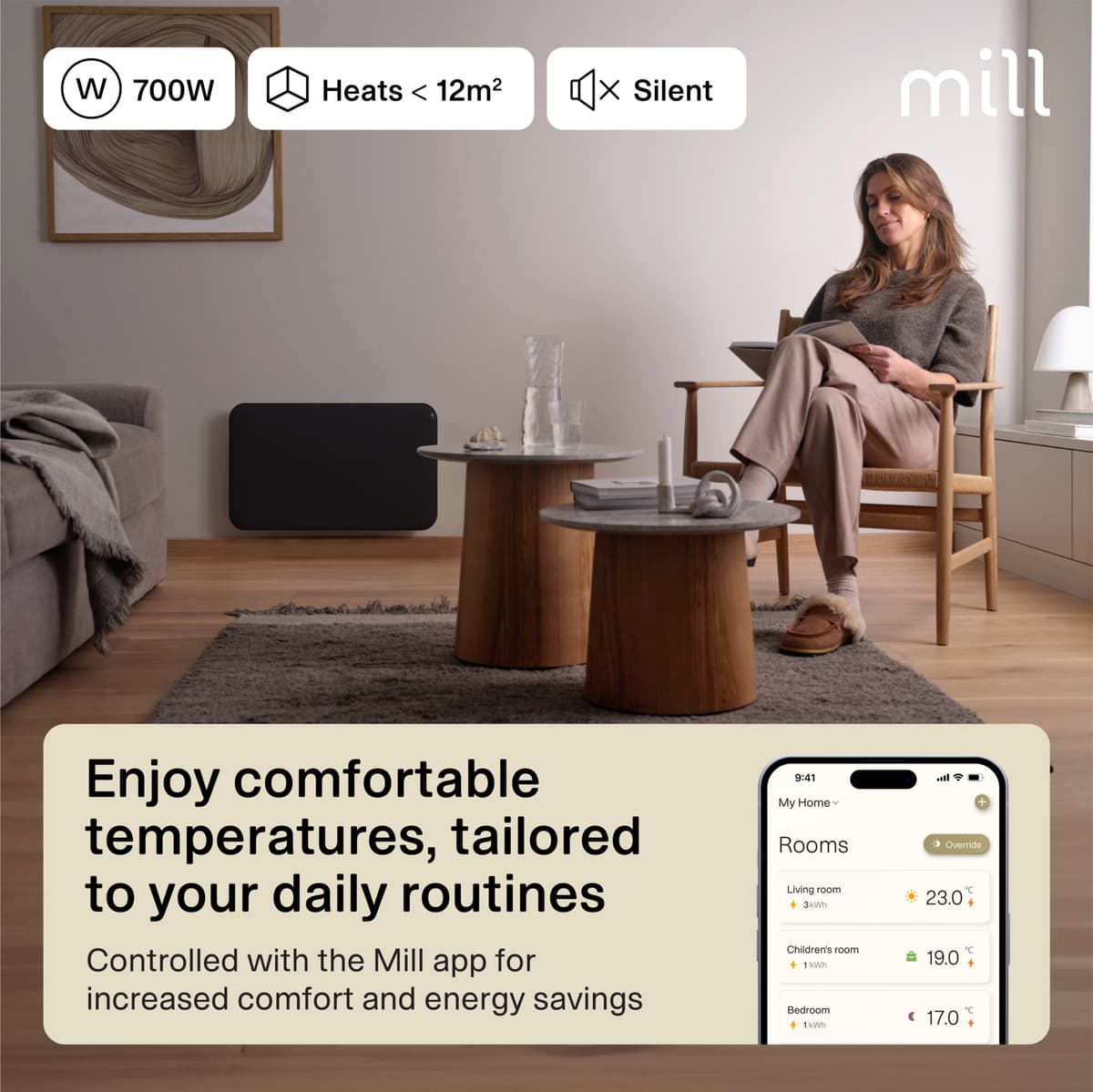 Mill Invisible Smart Wi-Fi Gen4 panelovn PA700WIFI4BLACK (sort) - Elkjøp