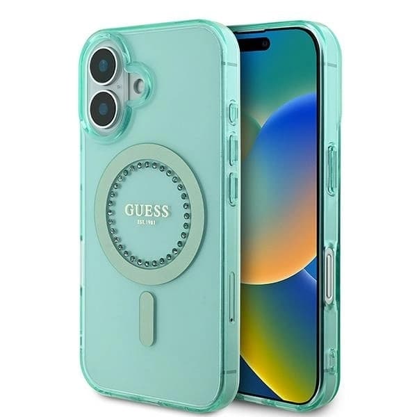 Guess telefontaske til iPhone 16 Plus MagSafe IML Rhinestone - Grøn ...