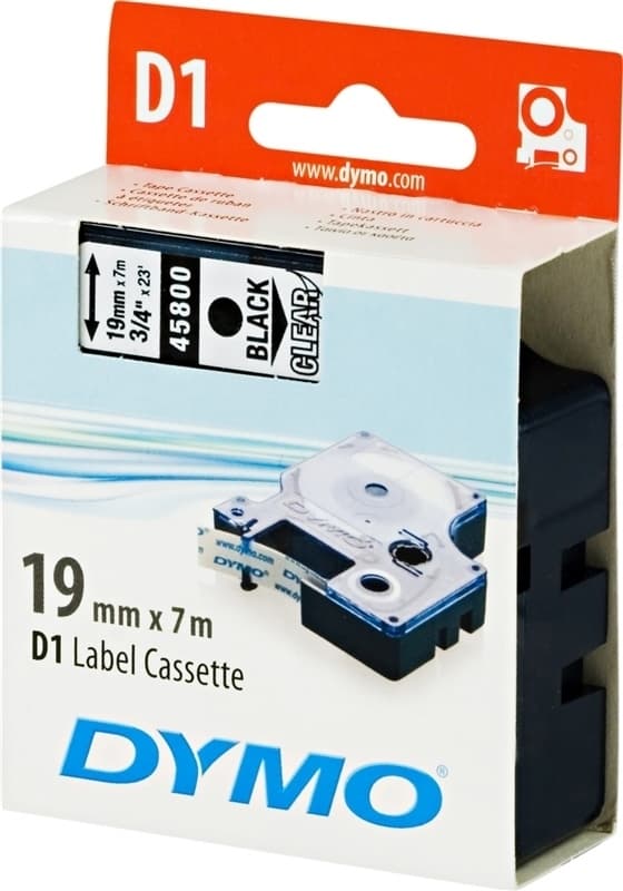 DYMO D1 etikettbånd standard 19 mm, svart på transparent, 7 m rull ...