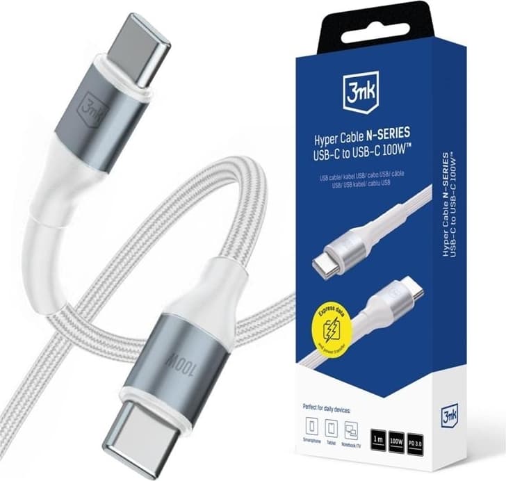 3MK USB-C till USB-C 100W kabel 20V/5A 1m N-SERIES Hyper - Vit - Elgiganten